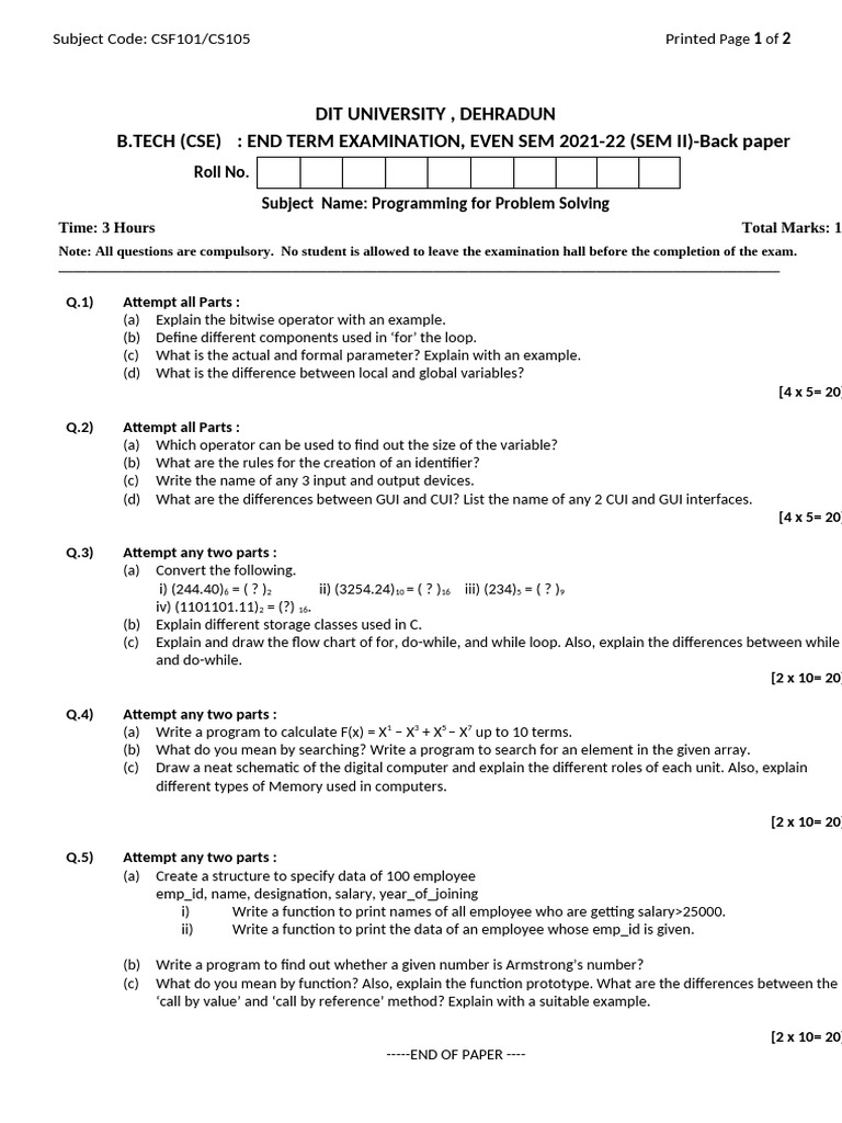 Csf101 Cs105 Prog For Problem Solving Btech Back Pdf Computer