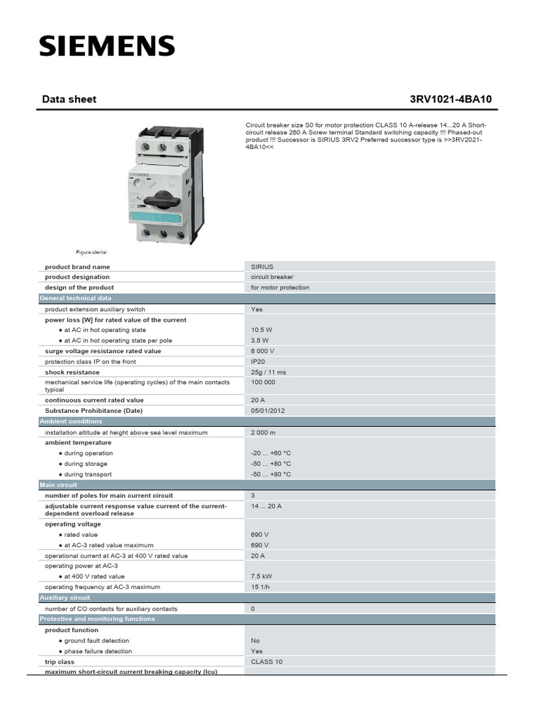 Siemens 3RV1021-4BA10 Datasheet | PDF