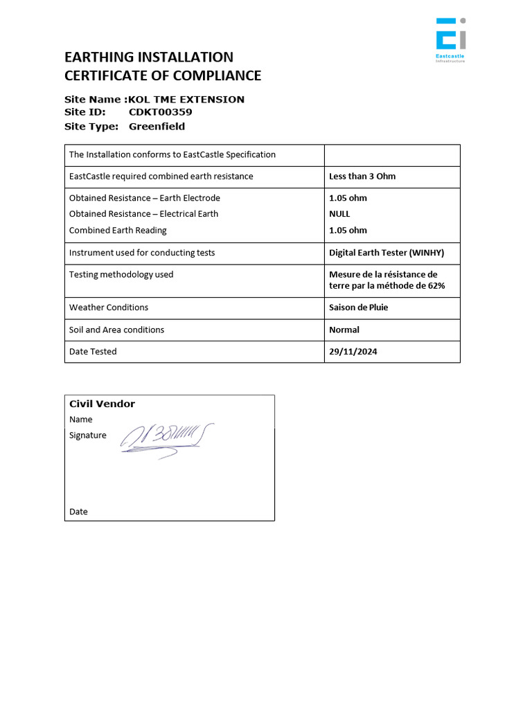 Electrical - Certificate (Earthing Compliance) KOL TME EXTENSION | PDF