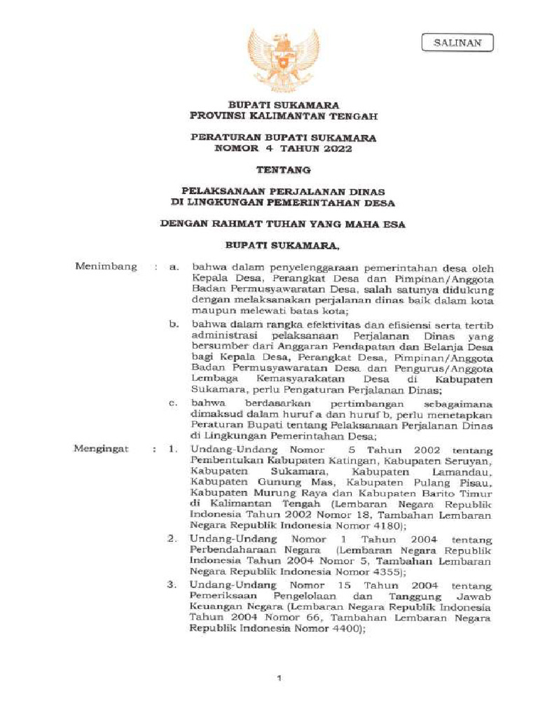 Pedoman Perjalanan Dinas Desa Sukamara | PDF