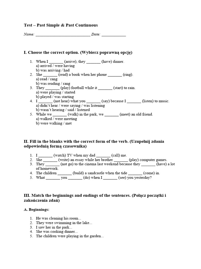 Test Klasa 7 Past Continous and Simple | PDF
