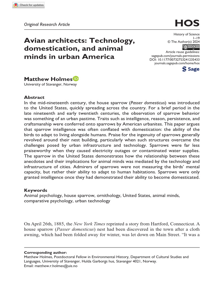 Holmes 2024 Avian Architects Technology Domestication and Animal Minds in Urban America | PDF ...