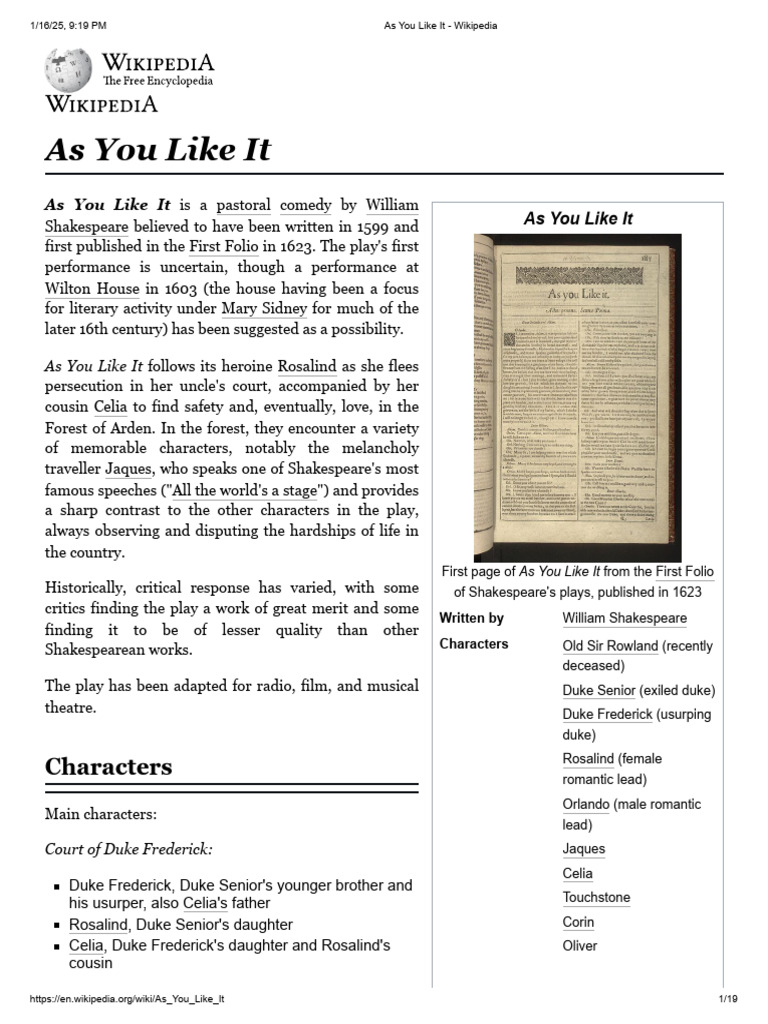 Shakespeare's 'As You Like It' Guide | PDF | As You Like It