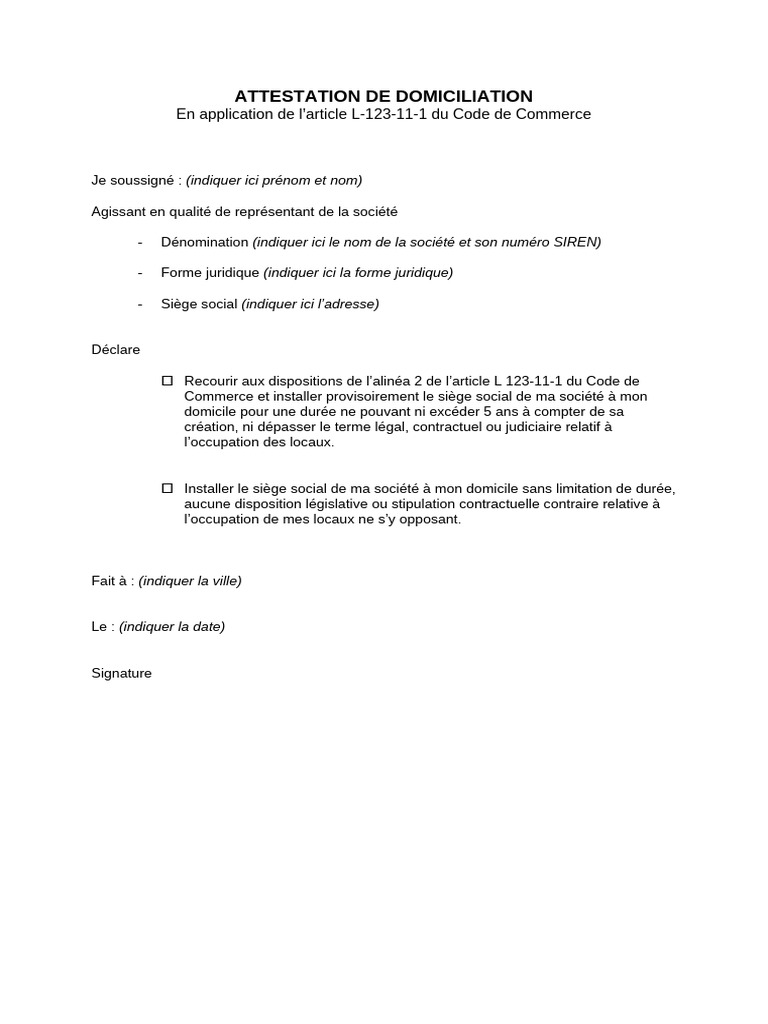Attestation de Domiciliation d'Entreprise | PDF