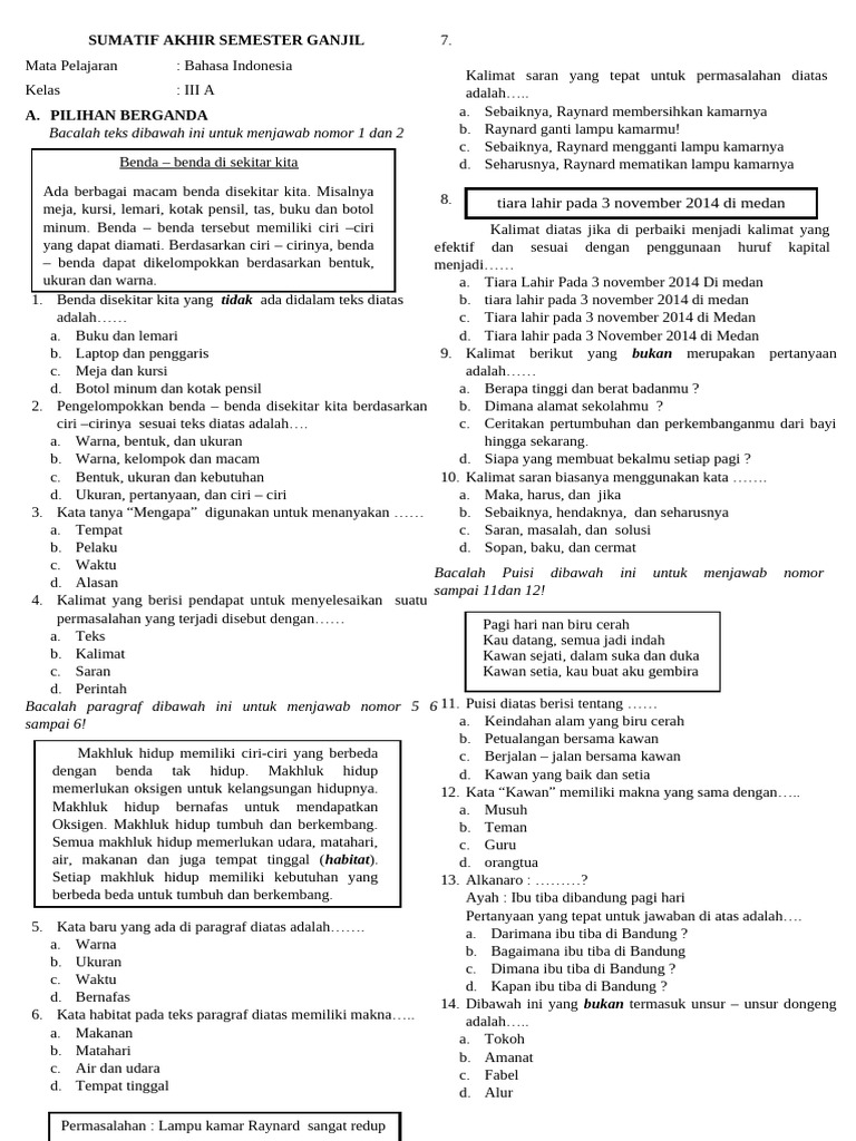 Soal SAS B. Indonesia Kelas 3A FIX | PDF