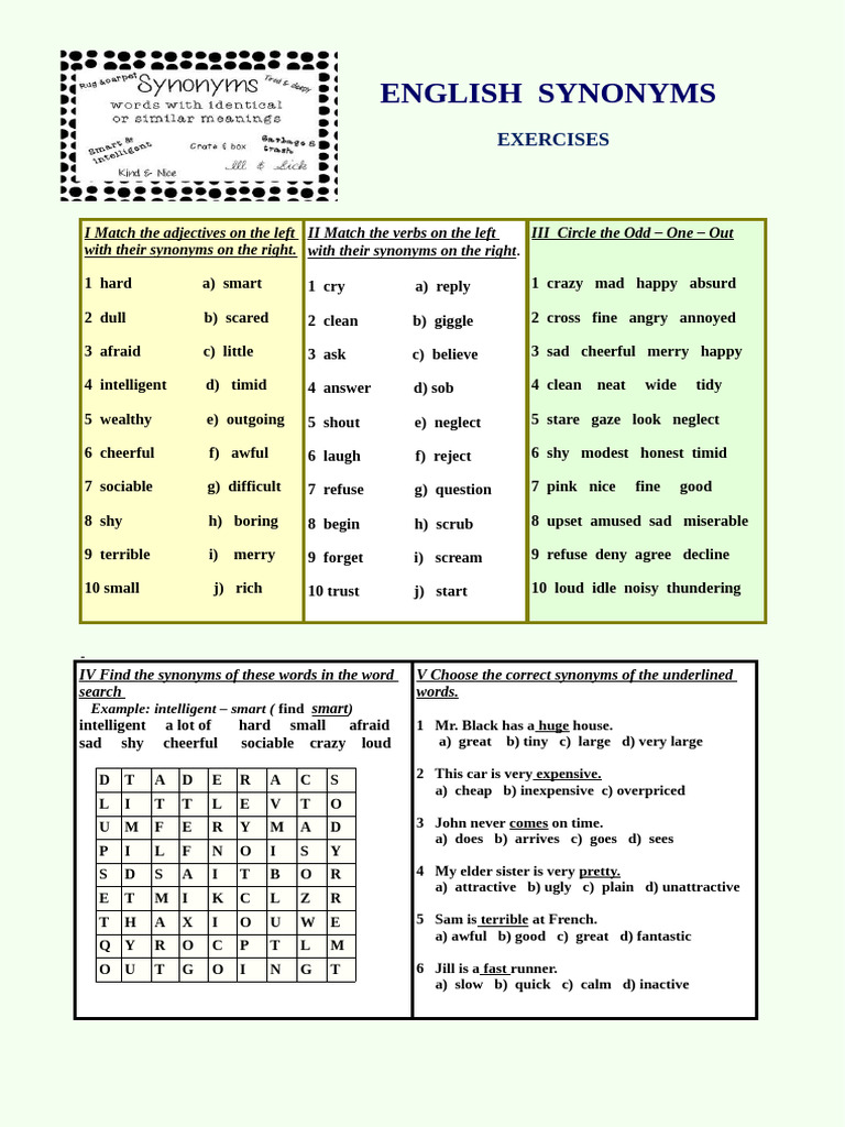English Synonyms Exercises Grammar Drills - 72948 | PDF | Linguistics | Grammar