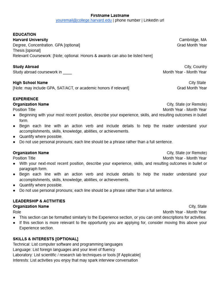 Harvard Resume Template Guide | PDF | Linguistics