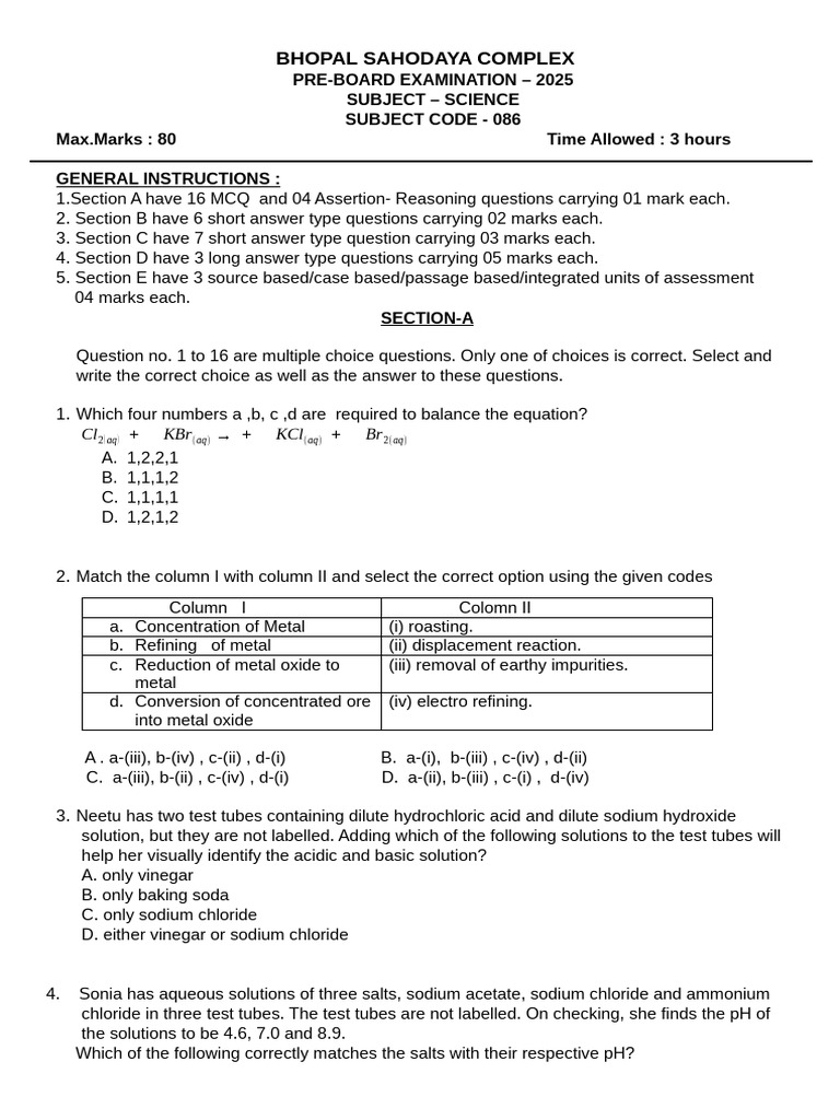 Bhopal Sahodaya Science Pre-Board 2025 | PDF | Acid | Ph