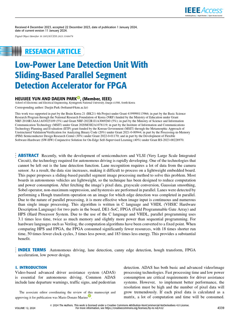 Low Power Lane Detection Unit With Sliding Based Parallel Segment Detection Accelerator For Fpga