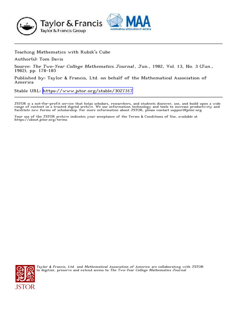 Davis TeachingMathematicsRubiks 1982 | PDF | Permutation | Group ...