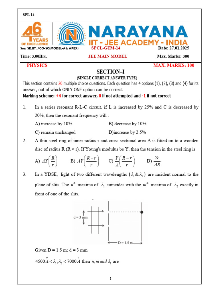 27 01 2025 Sc Model a & Apex _jee_main_spcl Gtm 14_qp Final (1) | PDF ...
