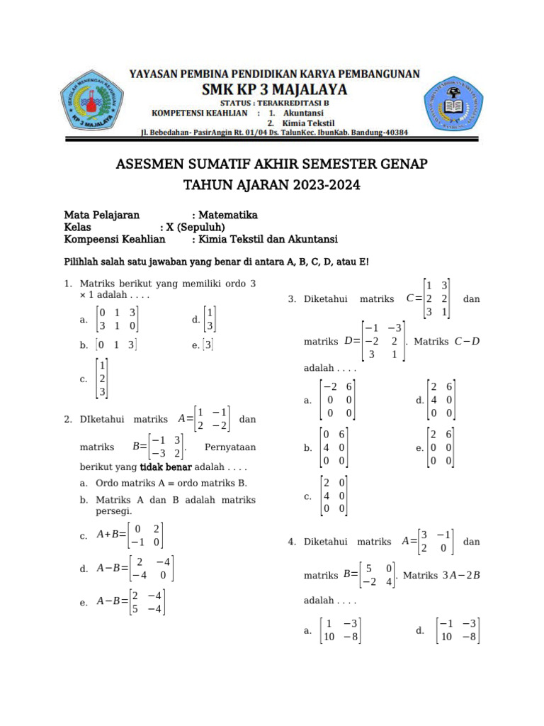 Soal Asas Genap Matematika Kelas X 2023-2024 | PDF