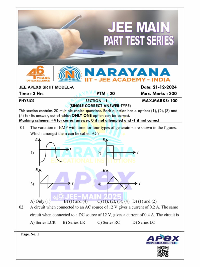 21-12-2024 - SR Iit - Jee Apex - Jee Main Model - ptm-20 - QP Final | PDF