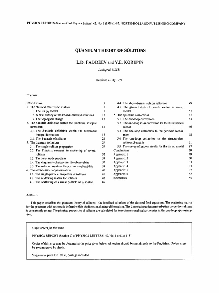 Quantum Theory of Solitons - Faddeev and Korepin | PDF