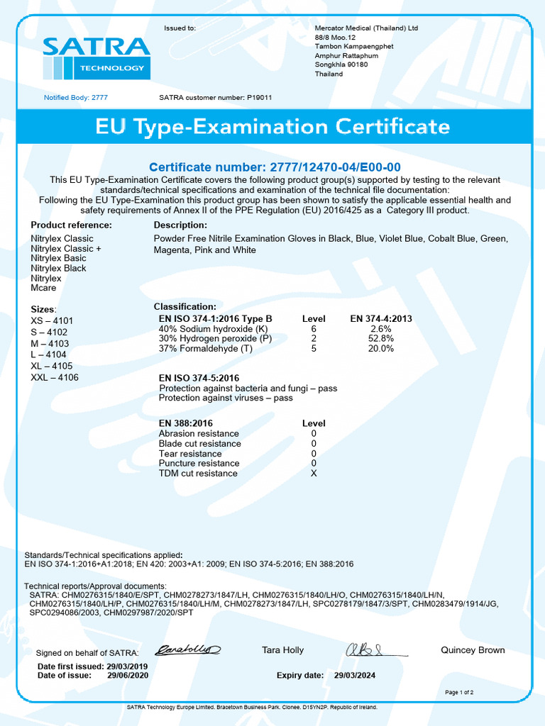 EU Type Examination Certificate - Nitrile Powder Free - Exp. Date 290324 - V.04 | PDF