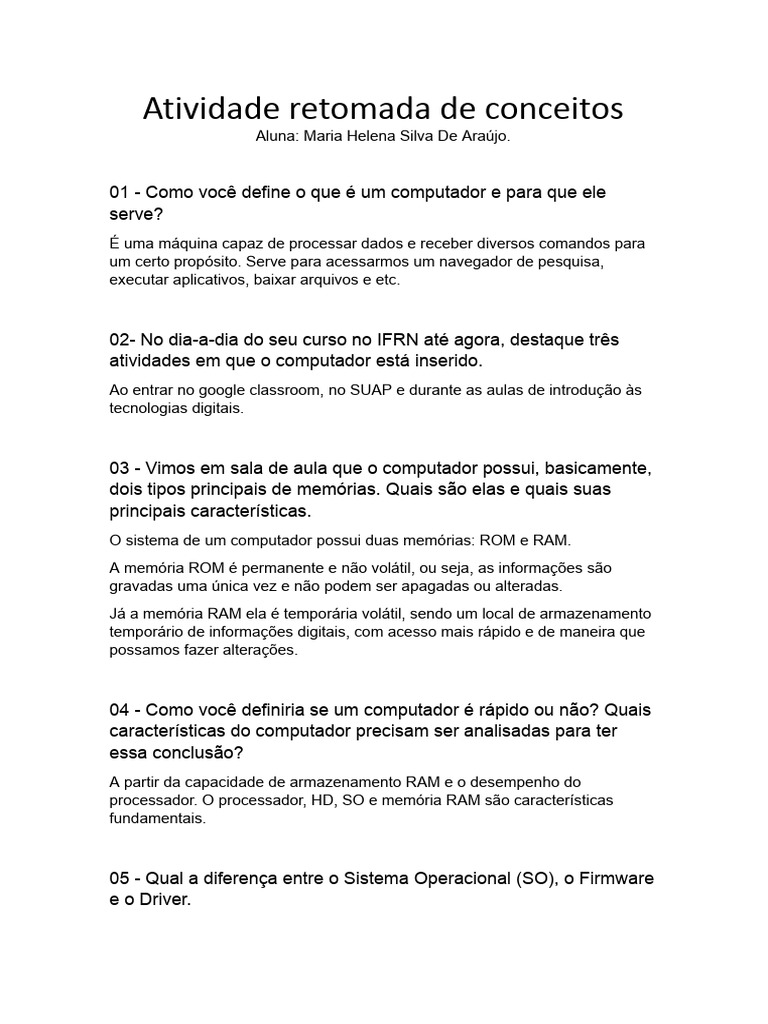 Atividade Retomada de Conceitos | PDF