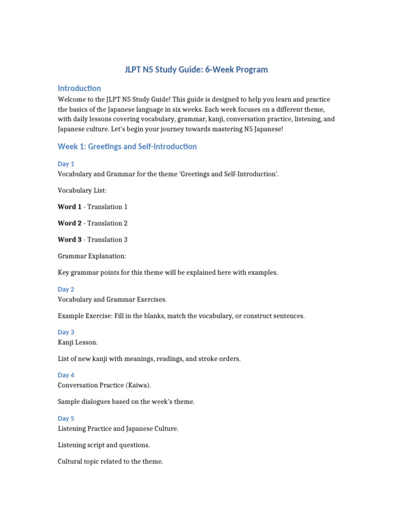 JLPT N5 6-Week Study Program Guide | PDF | Japanese Language | Kanji