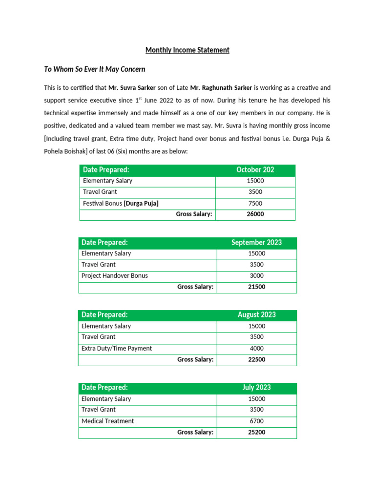 Monthly Income Statement for Suvra Sarker | PDF
