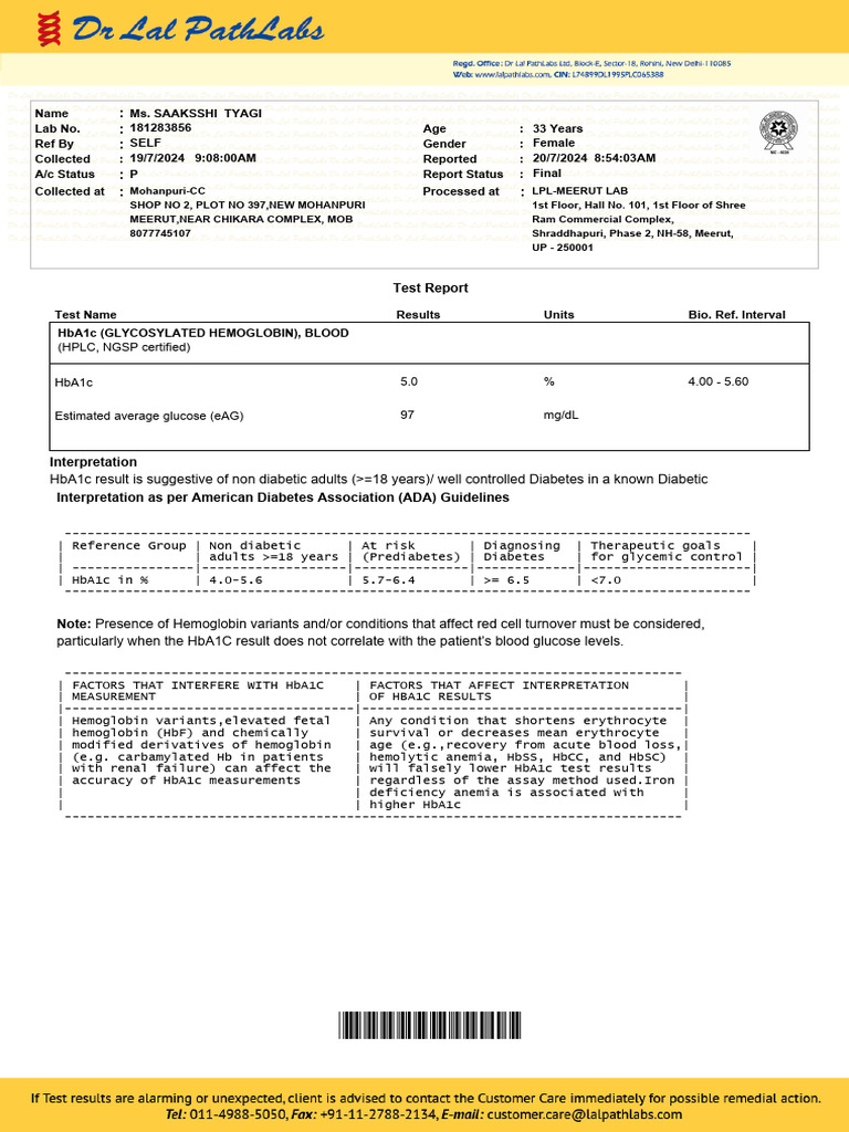 (HPLC, NGSP Certified) Hba1C % 4.00 - 5.60 5.0 Estimated Average Glucose (Eag) MG/DL 97 | PDF ...
