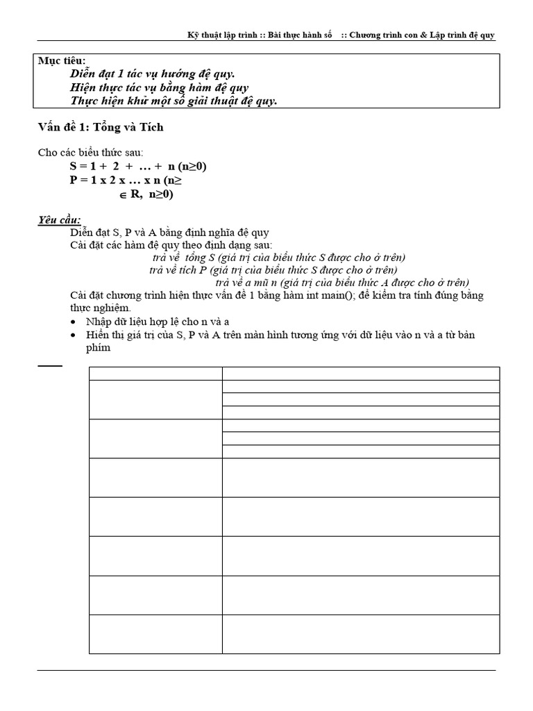 (Thuc Hanh) - Bai So 01 - Ky Thuat de Quy | PDF