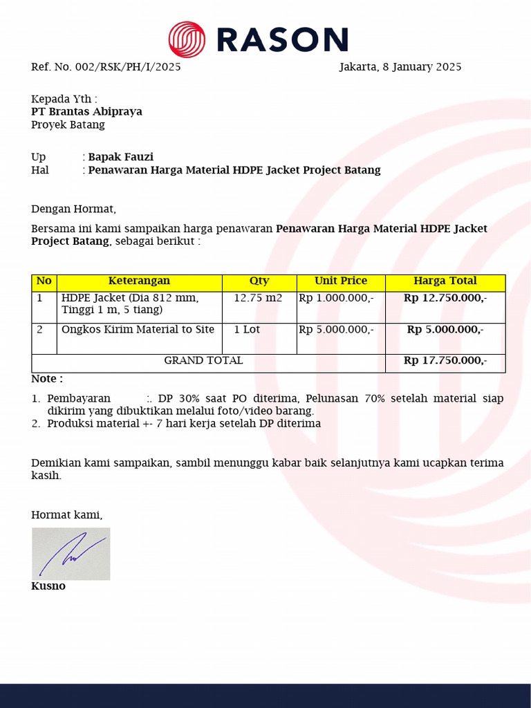 Ref 002 - Penawaran Harga Material Hdpe Jacket PT Brantas Abipraya | PDF
