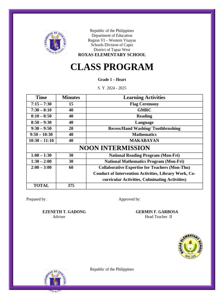 Class Program G1 MATATAG | PDF