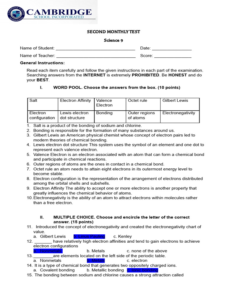 Science 9 (2nd Monthly Exam) | PDF | Chemical Bond | Ionic Bonding