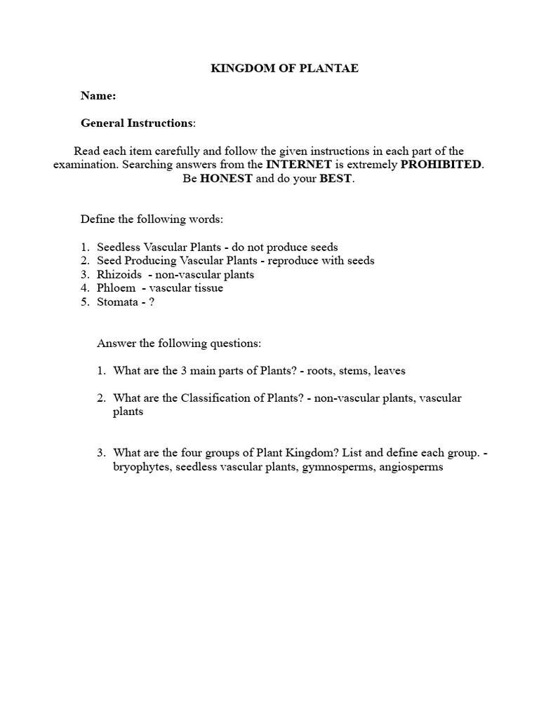 Kingdom of Plantae Quiz | PDF