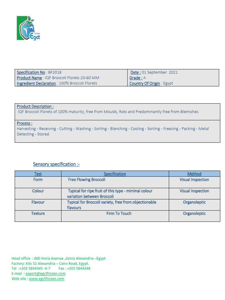Broccoli Specification 20 - 60 mm-2 | PDF | Nutrition Facts Label ...