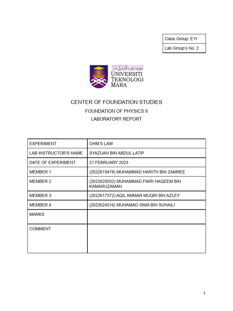Lab Report Phy098 (G2) - Ohm's Law | PDF | Electrical Resistance And Conductance | Materials Science