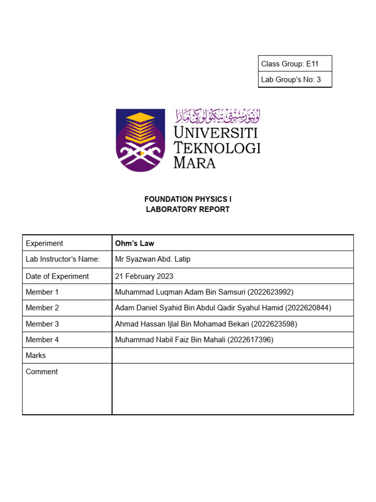 Lab Report Phy098 (g3) - Ohm's Law | PDF | Electrical Network | Voltage