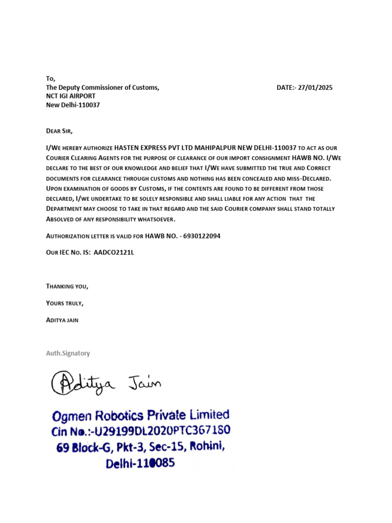 Hasten Authorization Letter With Hawb No Company | PDF
