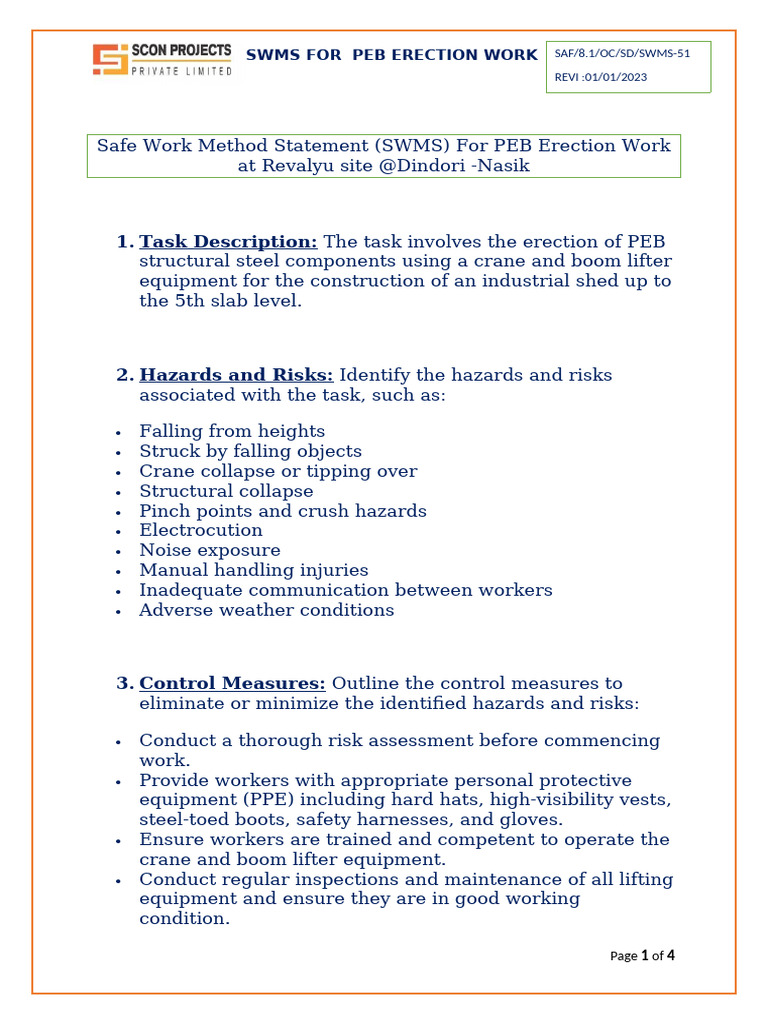 SWMS-51 for PEB Erection work | PDF | Crane (Machine) | Personal Protective Equipment
