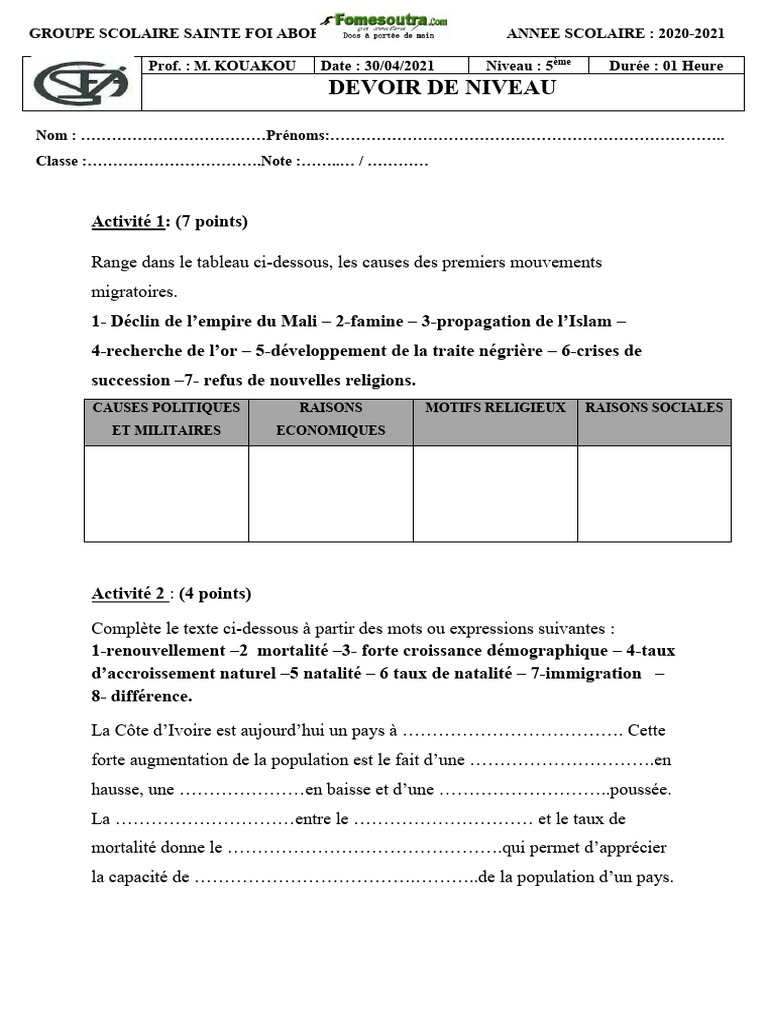 Devoir H.G 5ème Koua | PDF