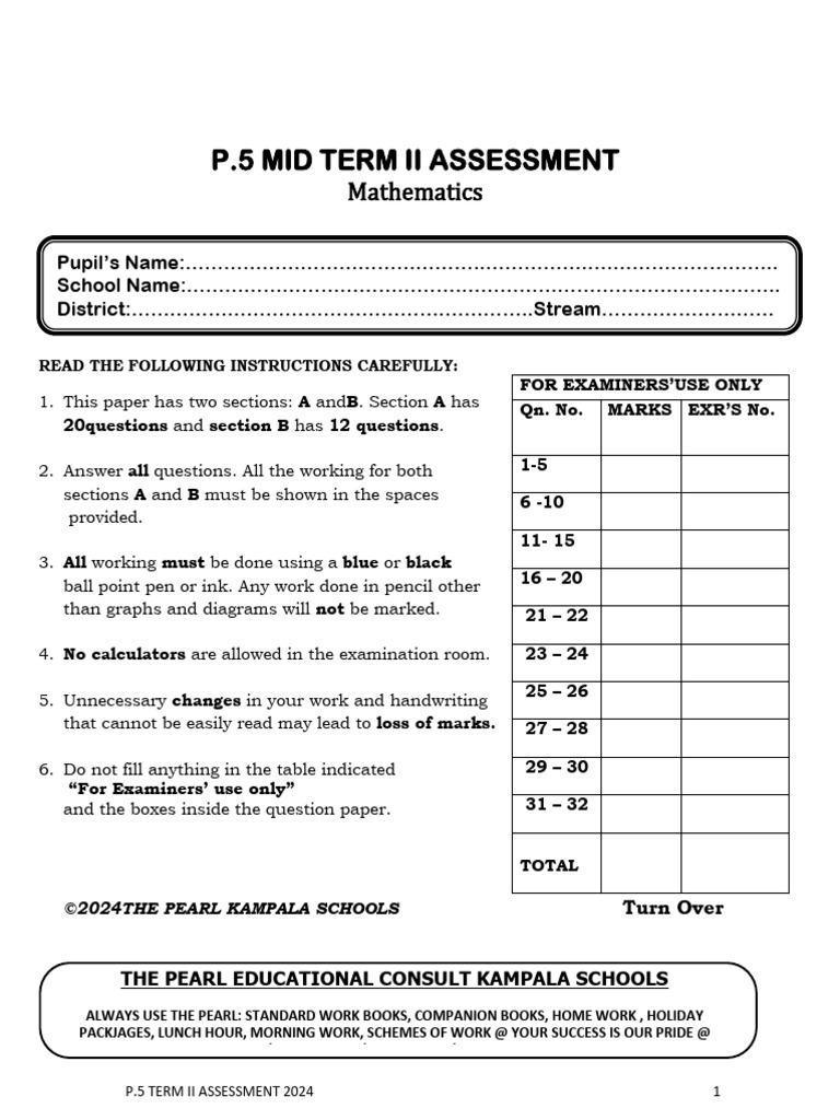 Pearl MTC P.5 Mid Ii 2024-1 | PDF | Mathematics