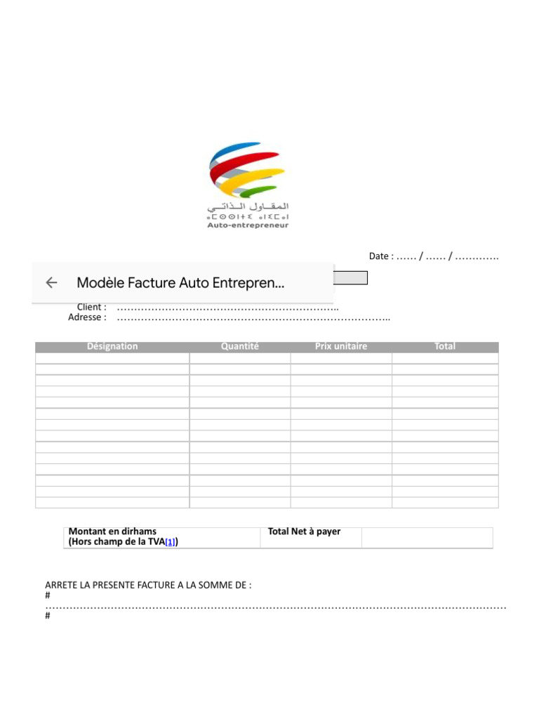 Modèle Facture Auto Entrepreneur | PDF