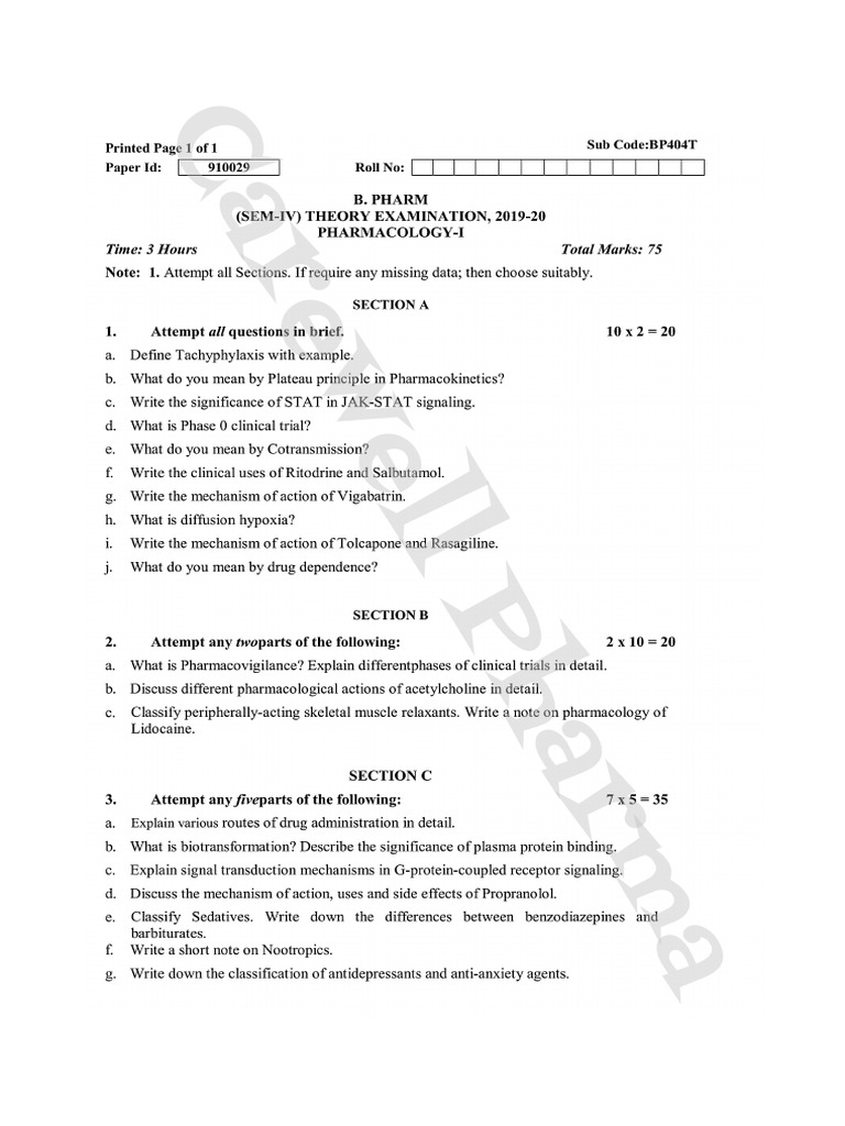 Pharmacology, 4th Sem, AKTU Previous Year Question Paper, Carewell Pharma | PDF