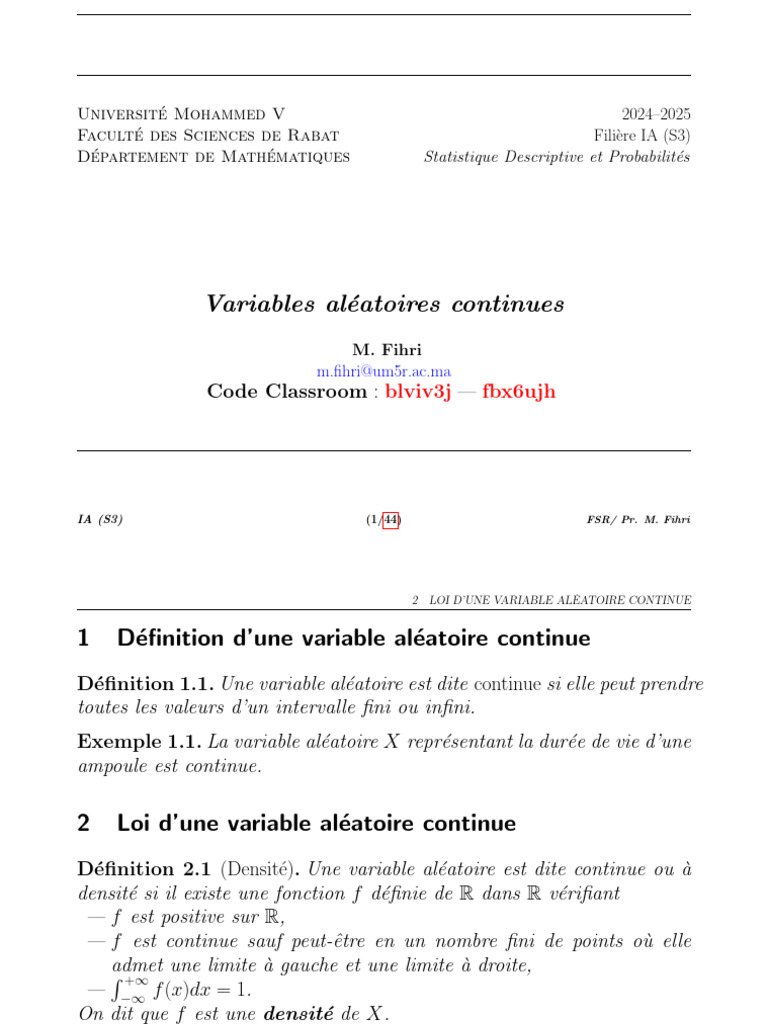 Loi des Variables Aléatoires Continues | PDF | Loi normale | Loi de ...