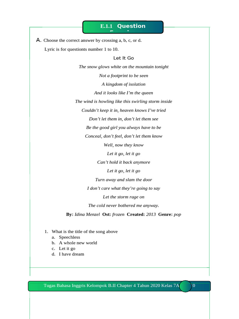 Let It Go Song Quiz and Analysis | PDF