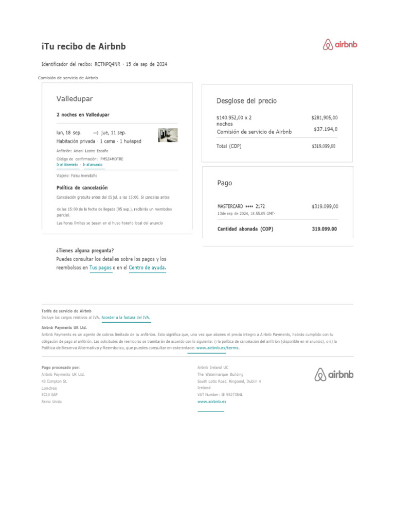Recibo de Airbnb | PDF