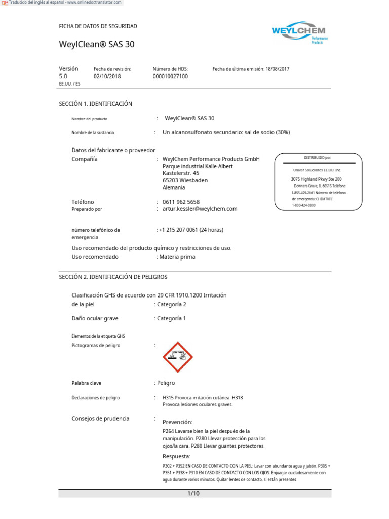 SDS - Weylclean SAS 30.en.es (1) | PDF