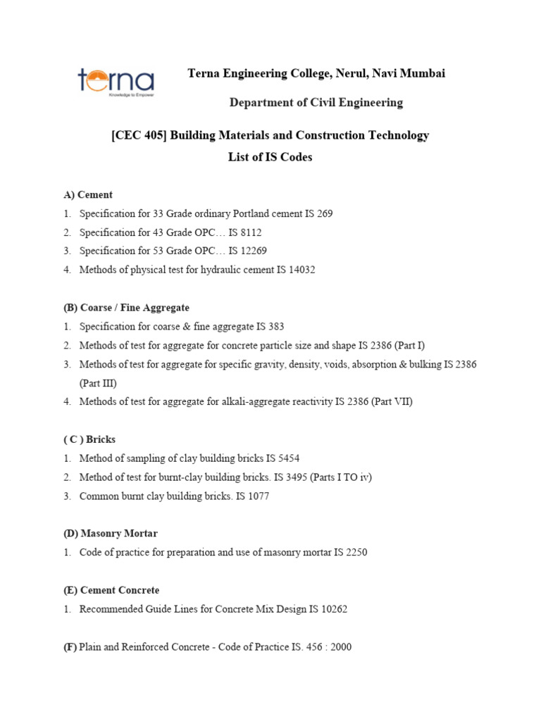 IS Codes for Building Materials | PDF