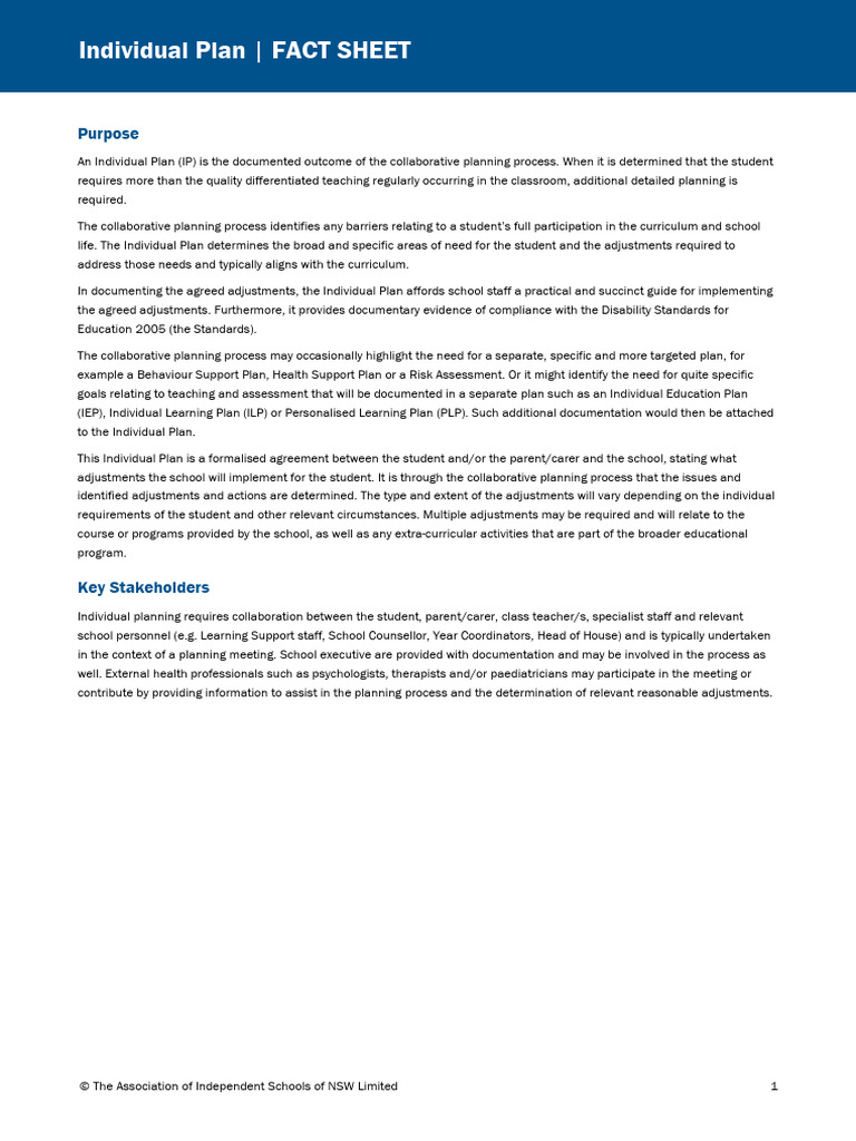Individual Plan Fact Sheet and Proforma | PDF | Caregiver | Curriculum
