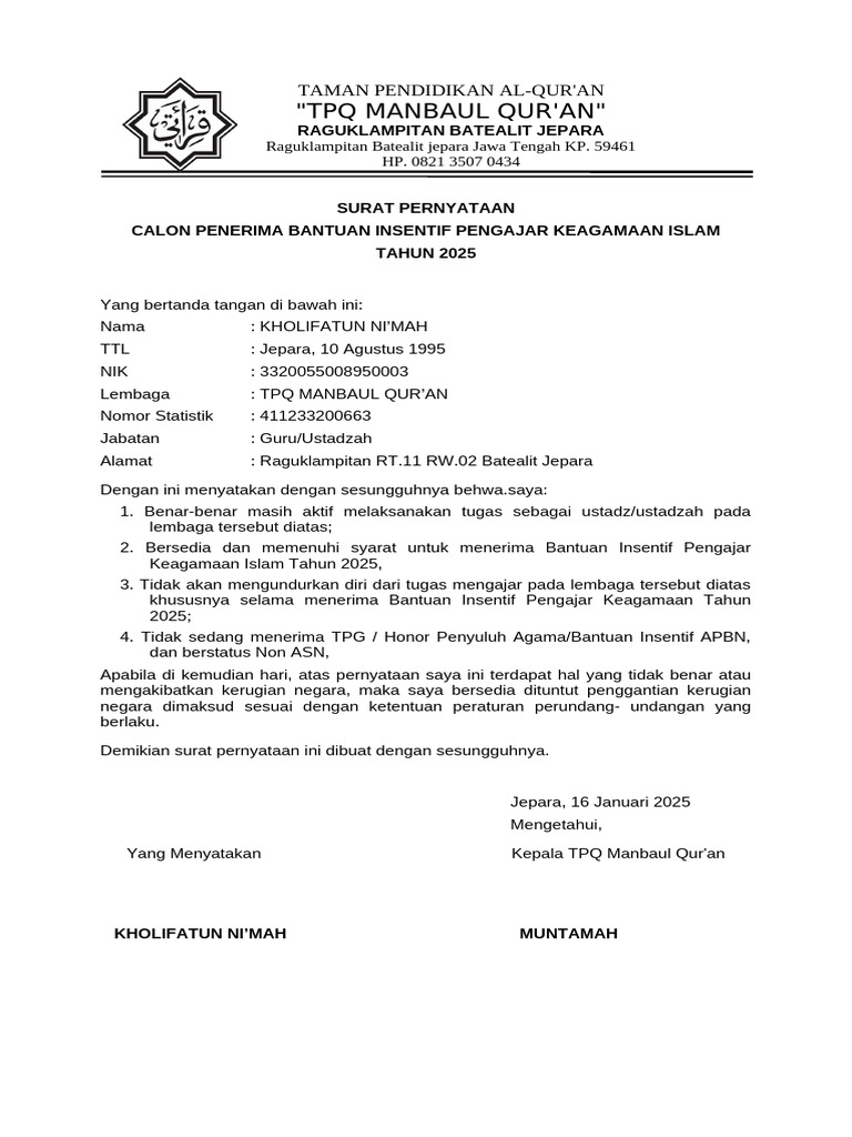 Surat Pernyataan TPQ | PDF
