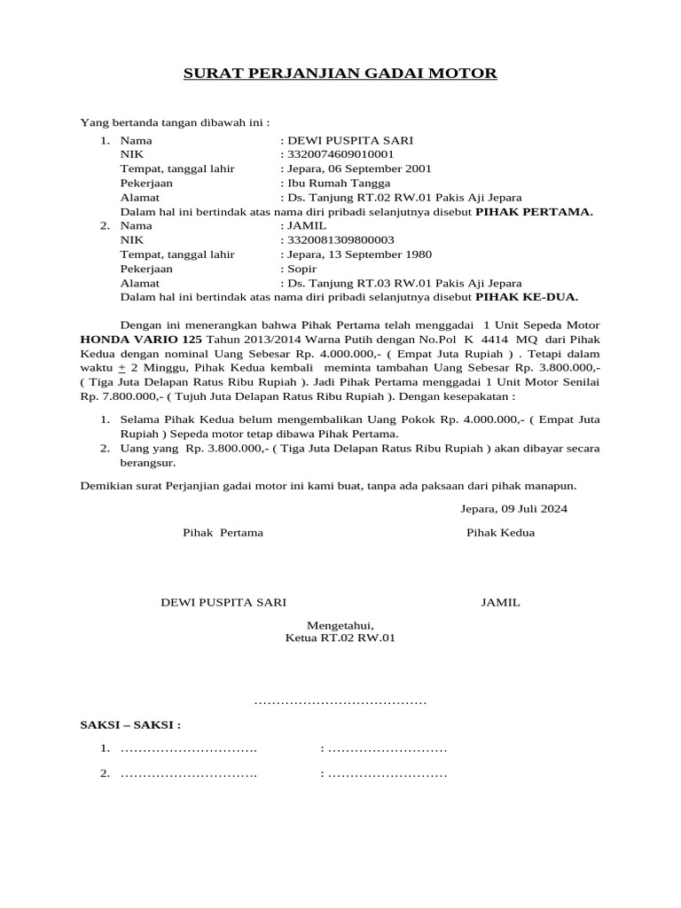 Surat Perjanjian Gadai Motor | PDF