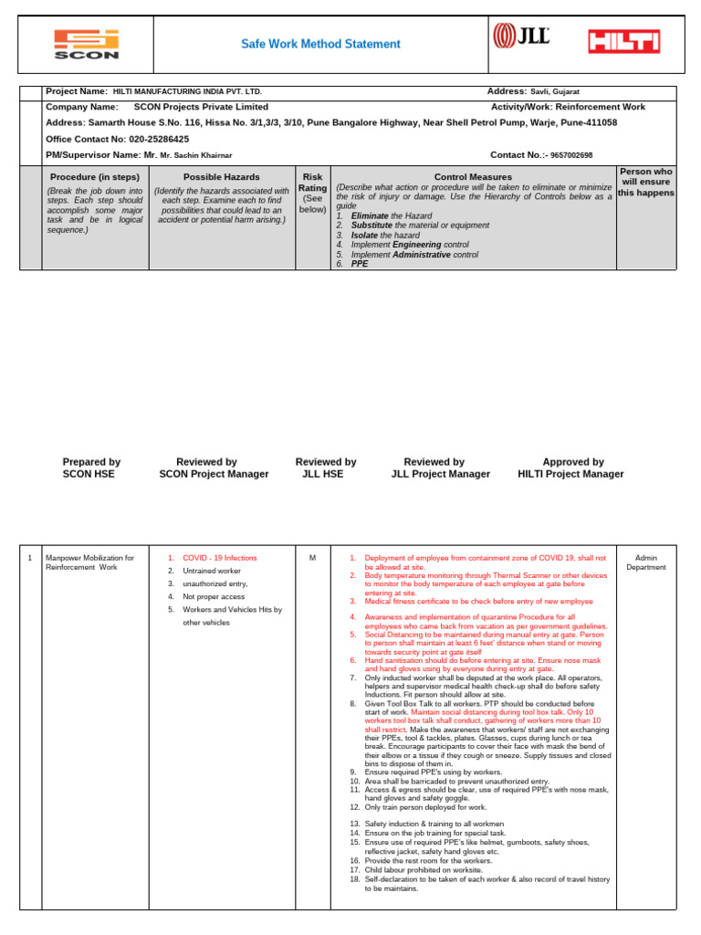 SWMS of Reinforcement Work | PDF | Personal Protective Equipment | Traffic