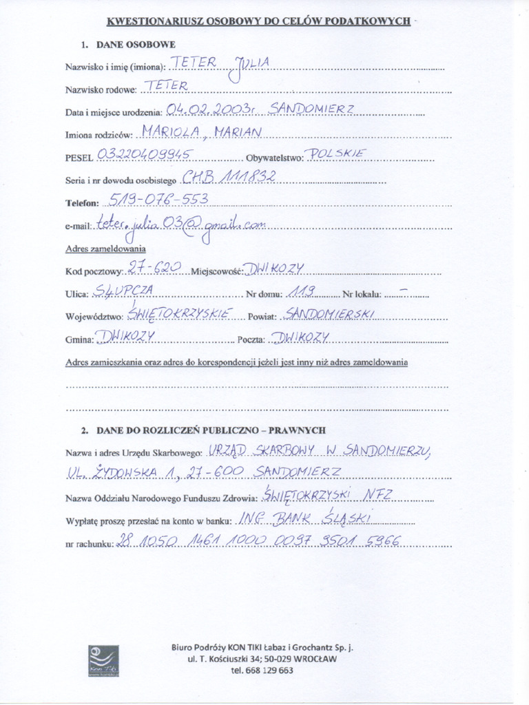 Kwestionariusz osobowy do celów podatkowych | PDF