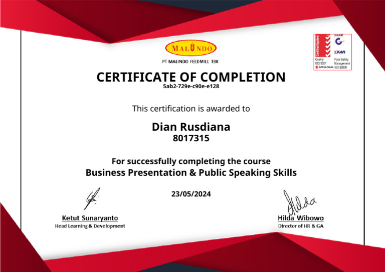 Certification Business Presentation & Public Speaking Skills Dian.r | PDF