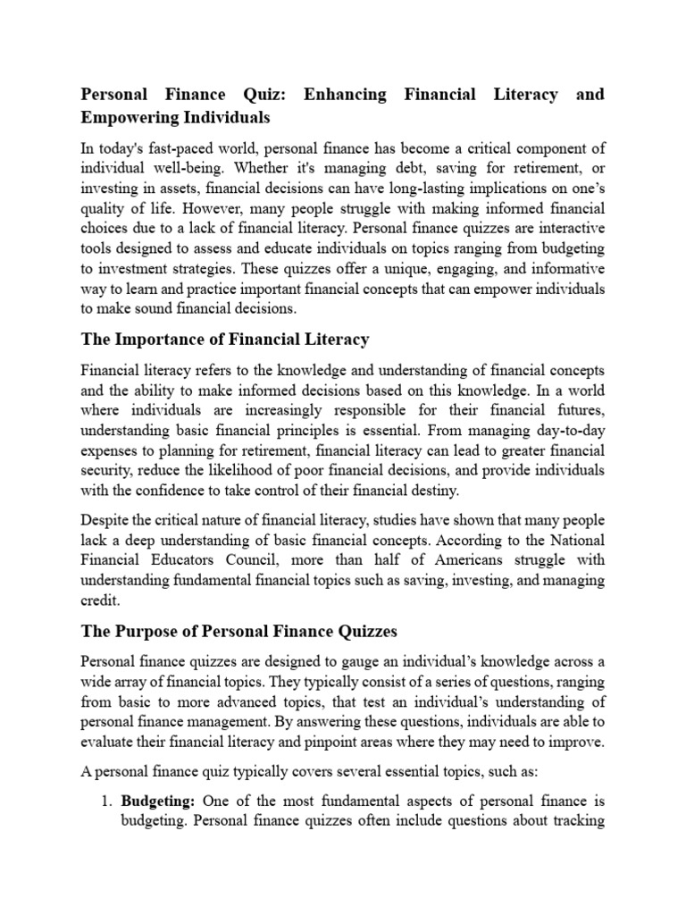 Personal Finance Quiz | PDF | Personal Finance | Financial Literacy