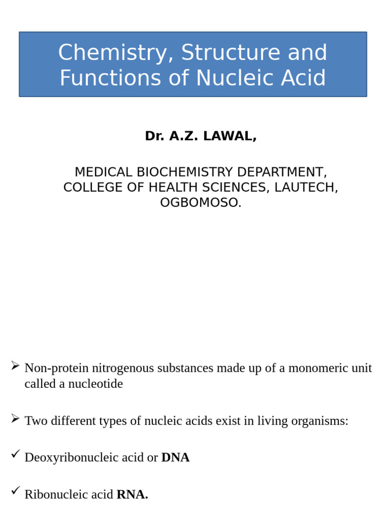 Chemistry, Structure and Functions of Nucleic Acid | PDF | Dna | Rna